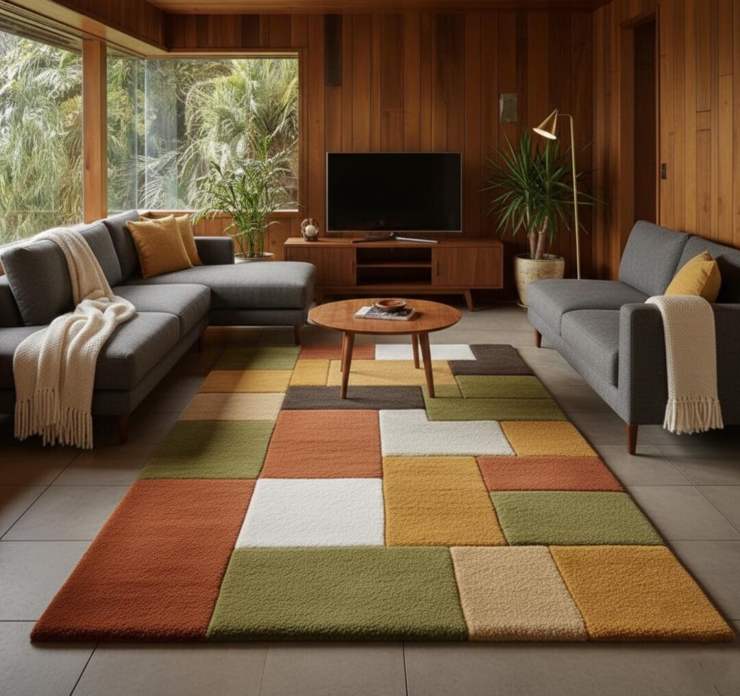 Mid Century Modern Wool Rug – Earth Tone Geometric Patchwork Carpet - Etsy