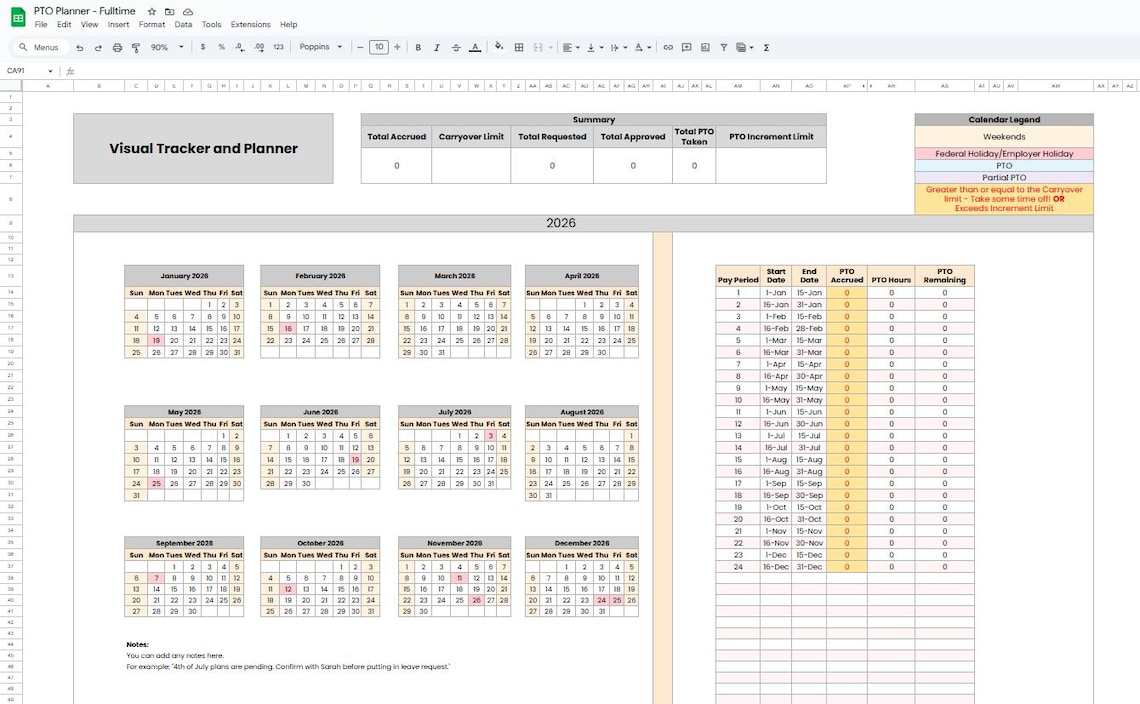 PTO Tracker Google Sheets Template | Digital Time off & Vacation ...