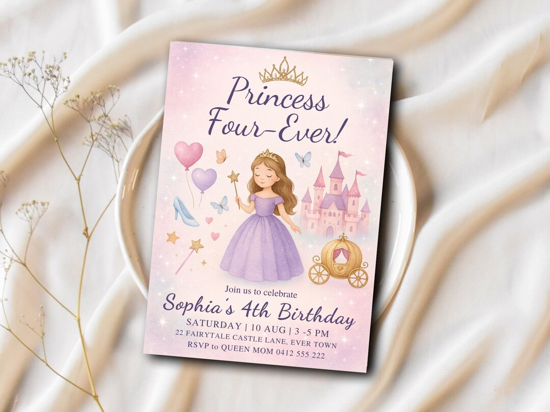 Princess 4th Birthday Invitation | Editable Fairy Tale Party (digital ...
