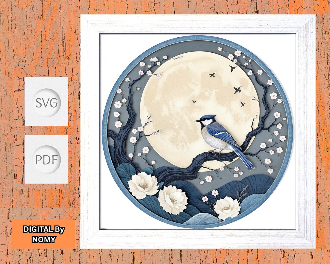 3D Bird Shadow Box SVG | Layered Moon and Flowers Papercut Template ...