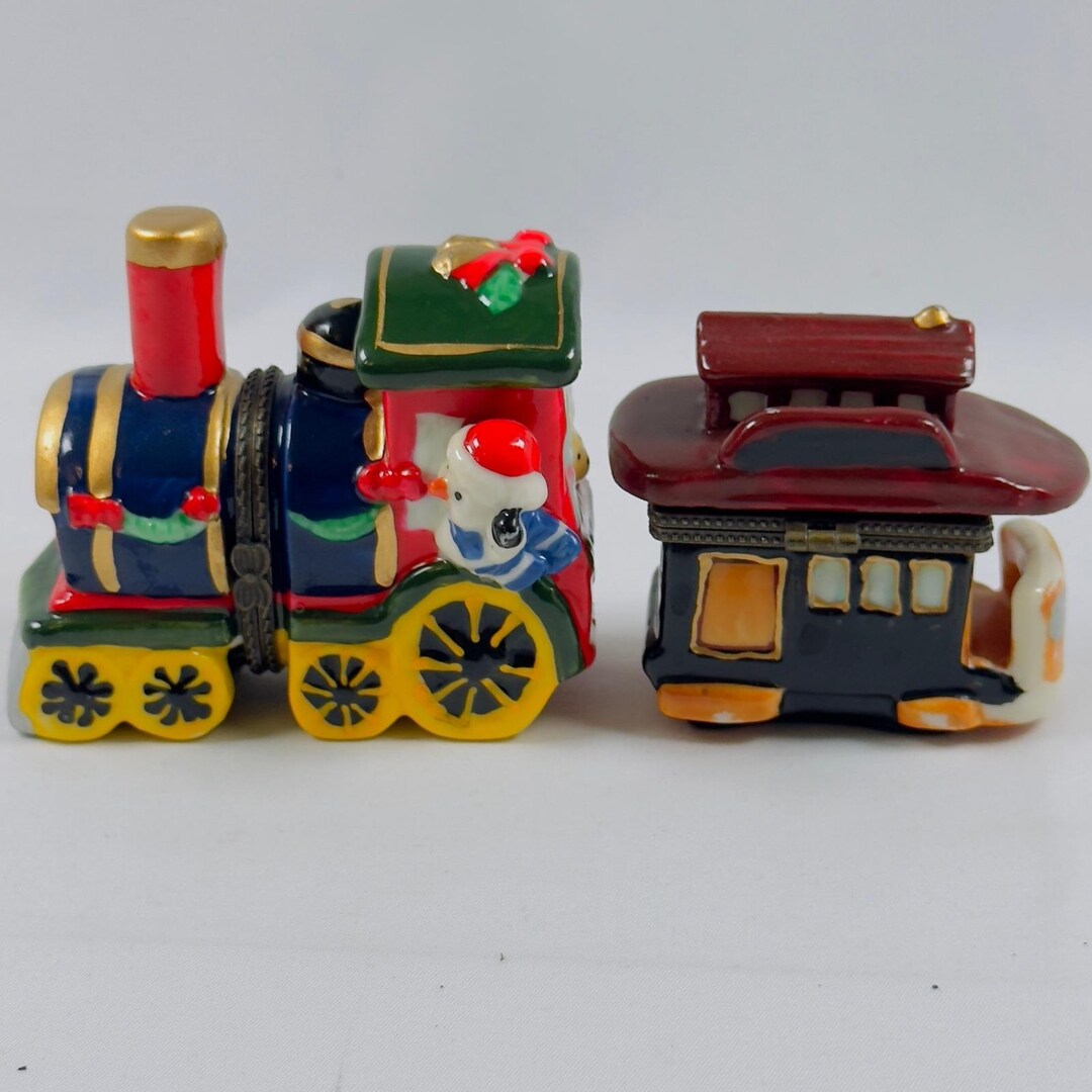 Ceramic Christmas Train Caboose Hinged Trinket Boxes Snowman Teddy Bear ...