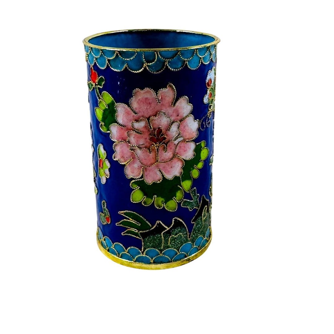 Vintage Cloisonne Enamel Floral Vase Pen Holder Blue Gold Intricate ...