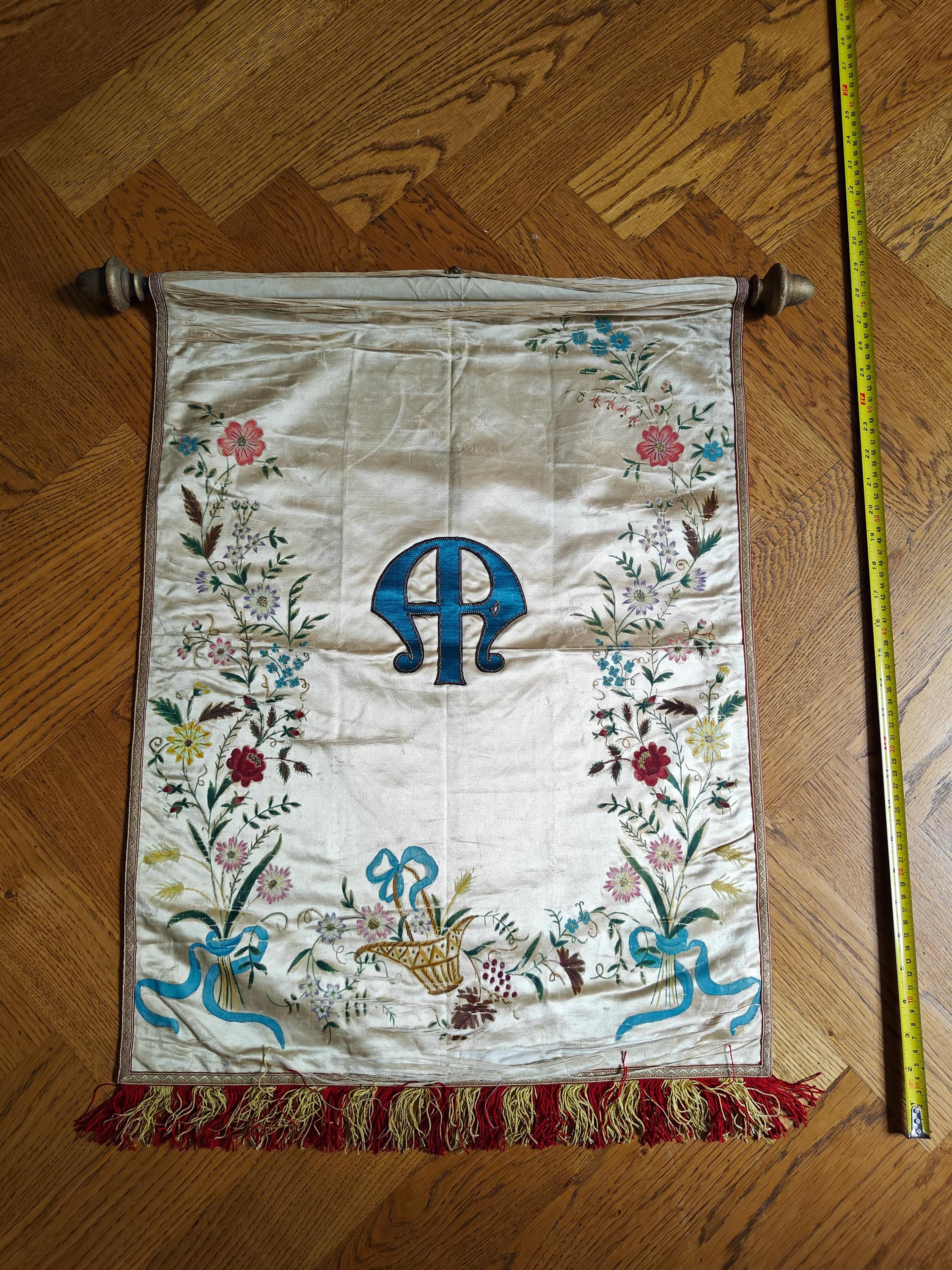 Antique Silk Religious Banner: Hand-embroidered Marian Monogram ...