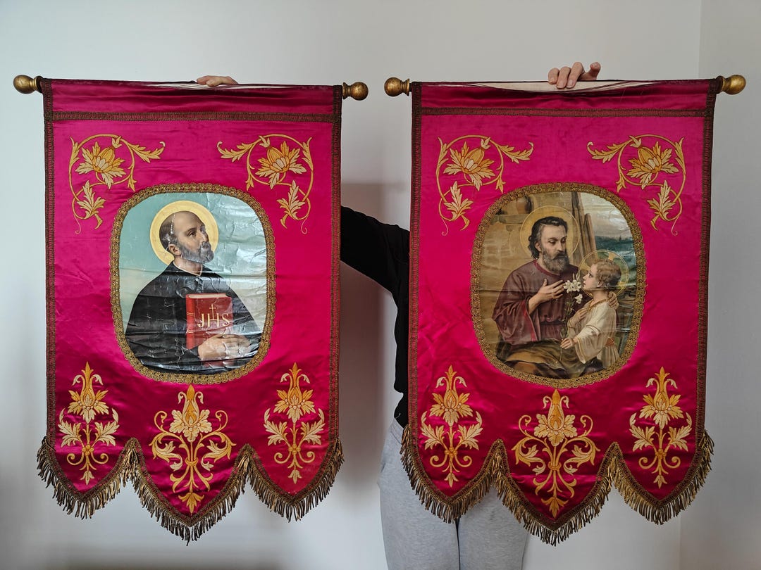 Antique Saint Joseph & Ignatius Banners: Embroidered Catholic Textile ...