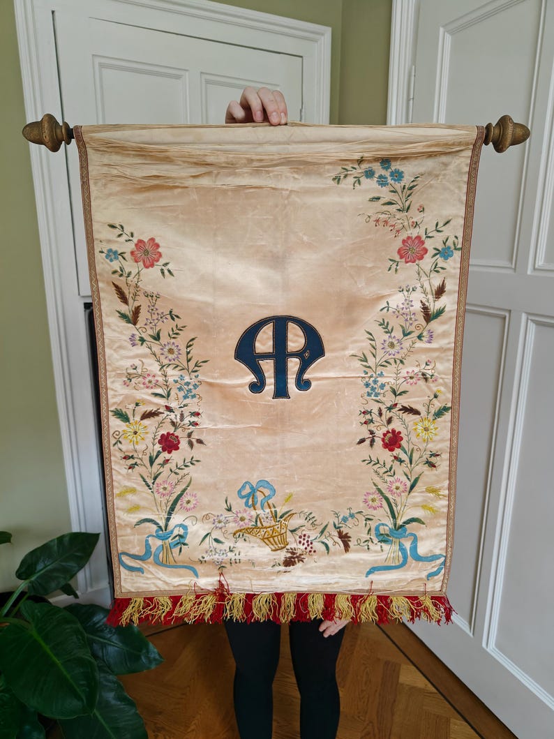 Antique Silk Religious Banner: Hand-embroidered Marian Monogram ...