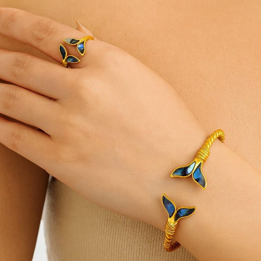 Gold Whale Tail Bracelet & Ring Set: Abalone Shell Inlay, Adjustable - Etsy