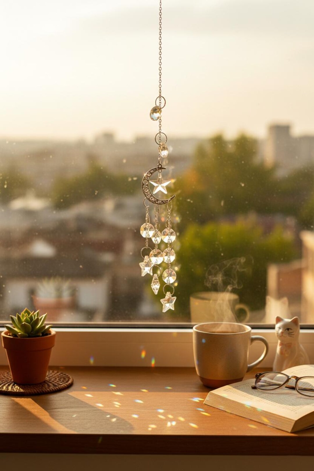 Moon Crystal Suncatcher, Sunlight Catcher With Crescent Moon & Star ...