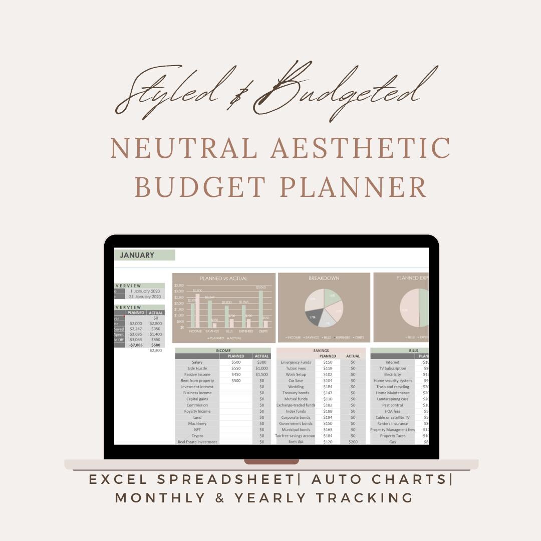 Neutral Aesthetic Budget Spreadsheet | Monthly + Yearly Excel Tracker ...
