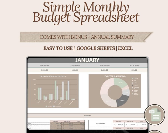 Monthly Budget Spreadsheet: Excel & Google Sheets (digital Download) - Etsy