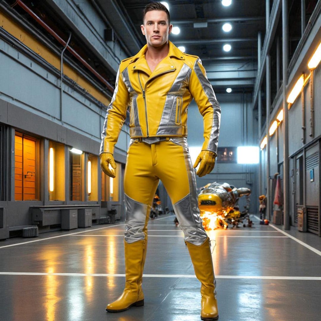 Men's Yellow & Silver Leather Suit: Handmade Superhero Cosplay Costume ...