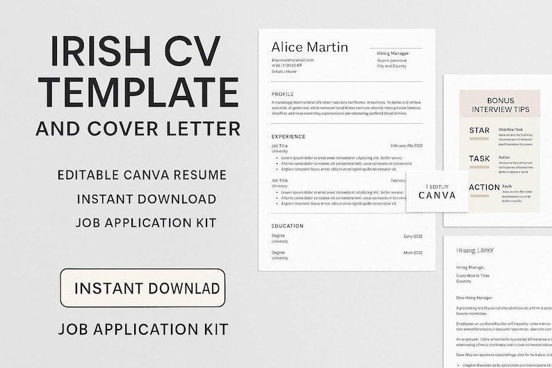 Irish CV Template and Cover Letter Editable Canva Resume Instant ...