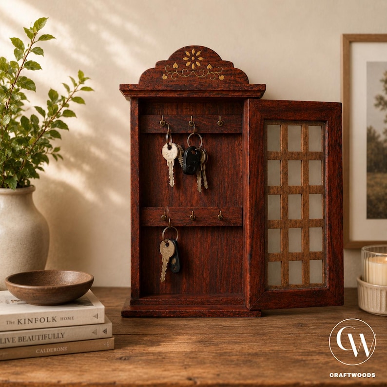 Sheesham Wood Key Holder Cabinet: Handmade Rustic Wall Organizer ...