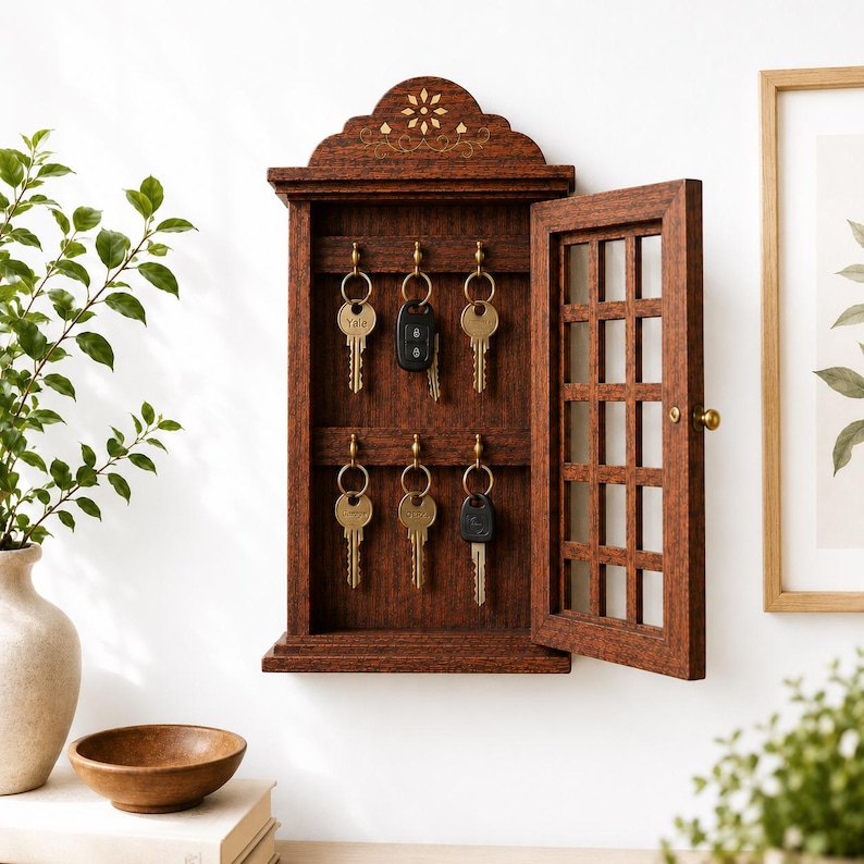 Sheesham Wood Key Holder Cabinet: Handmade Rustic Wall Organizer ...