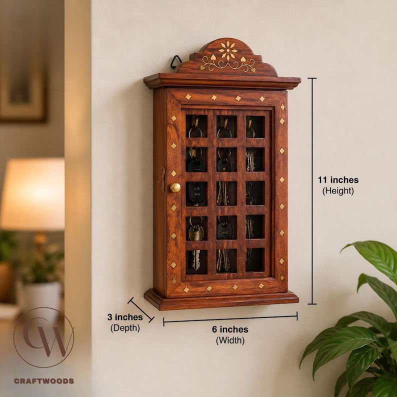Sheesham Wood Key Holder Cabinet: Handmade Rustic Wall Organizer ...