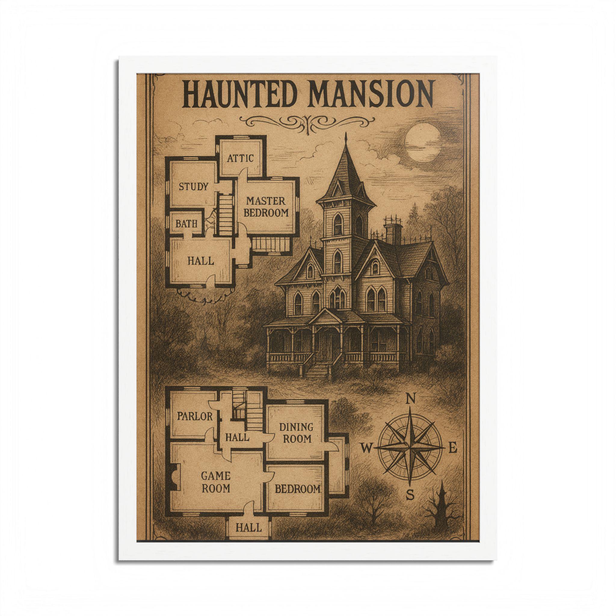 Haunted Mansion Blueprint Framed Poster, Vintage Haunted House Decor ...
