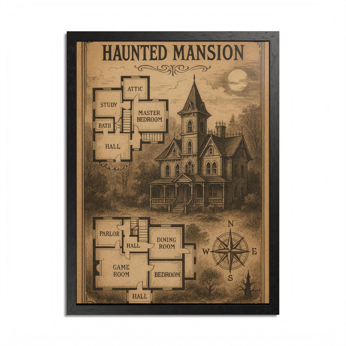 Haunted Mansion Blueprint Framed Poster, Vintage Haunted House Decor ...