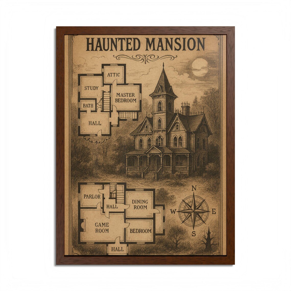 Haunted Mansion Blueprint Framed Poster, Vintage Haunted House Decor ...