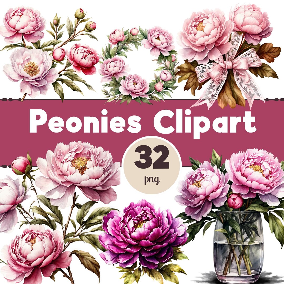 Watercolor Peonies Clipart Bundle – Pink Fuchsia Floral Graphics (32 ...