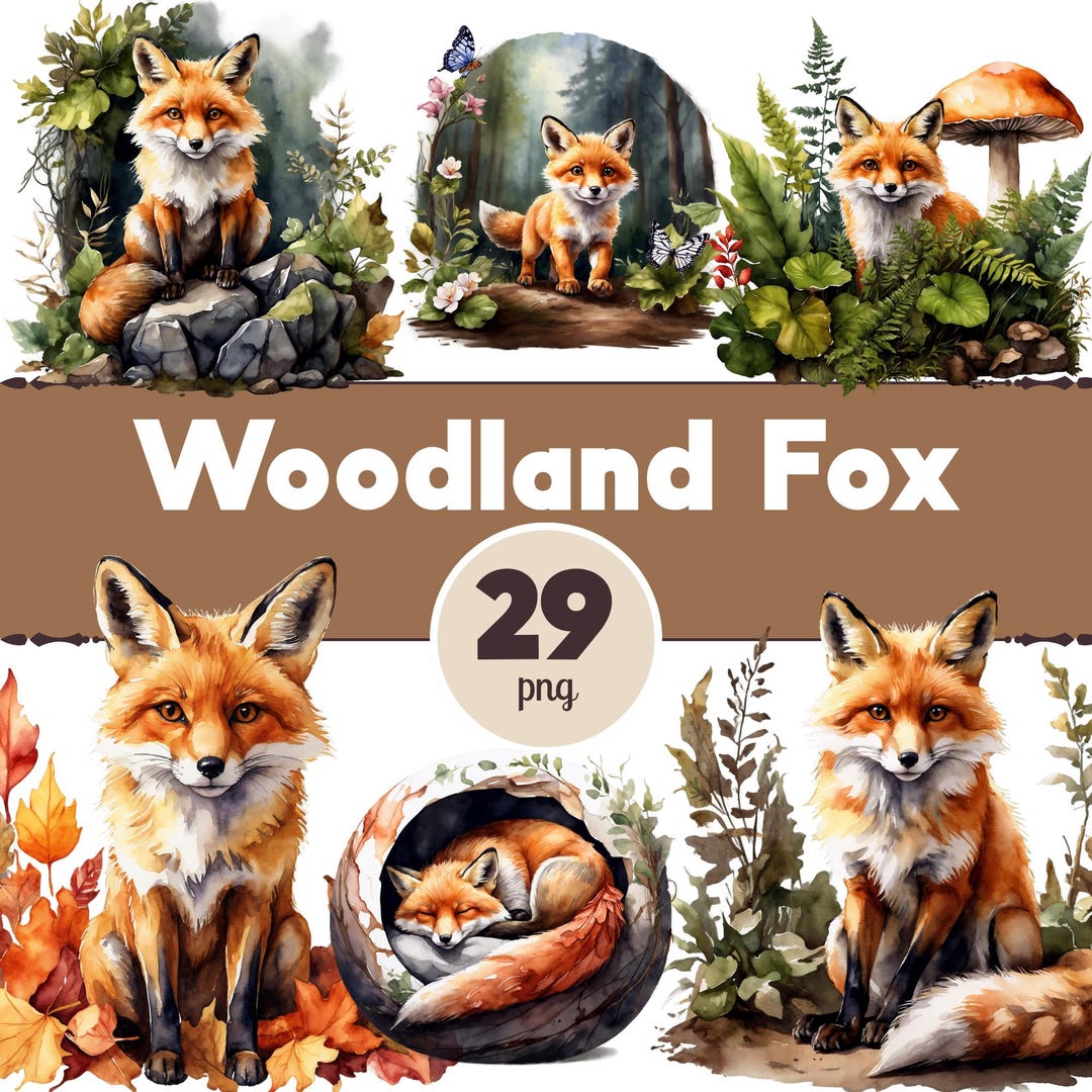 Woodland Fox PNG Clipart Bundle - Watercolor Forest Animals, Digital ...