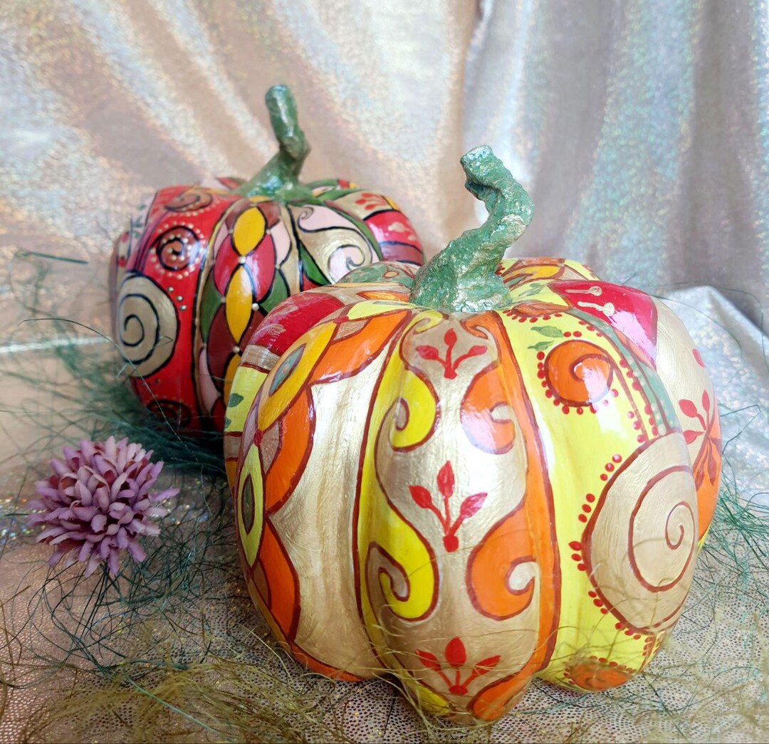 Hand-painted Decorative Pumpkins Set, Boho Fall Home Decor, Colorful ...