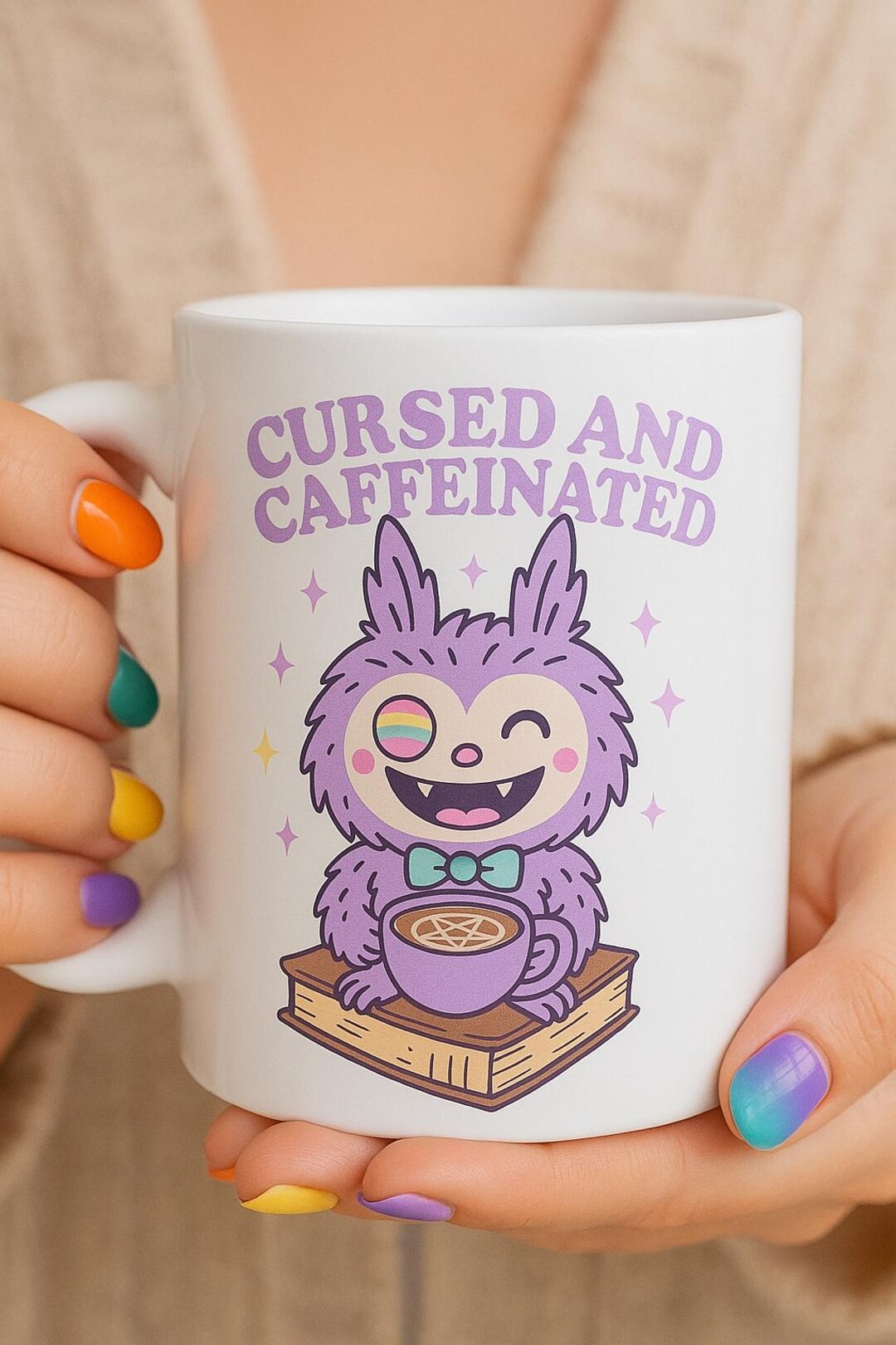 Cursed and Caffeinated Mug – Funny Queer Labubu Style Creature | Pastel ...