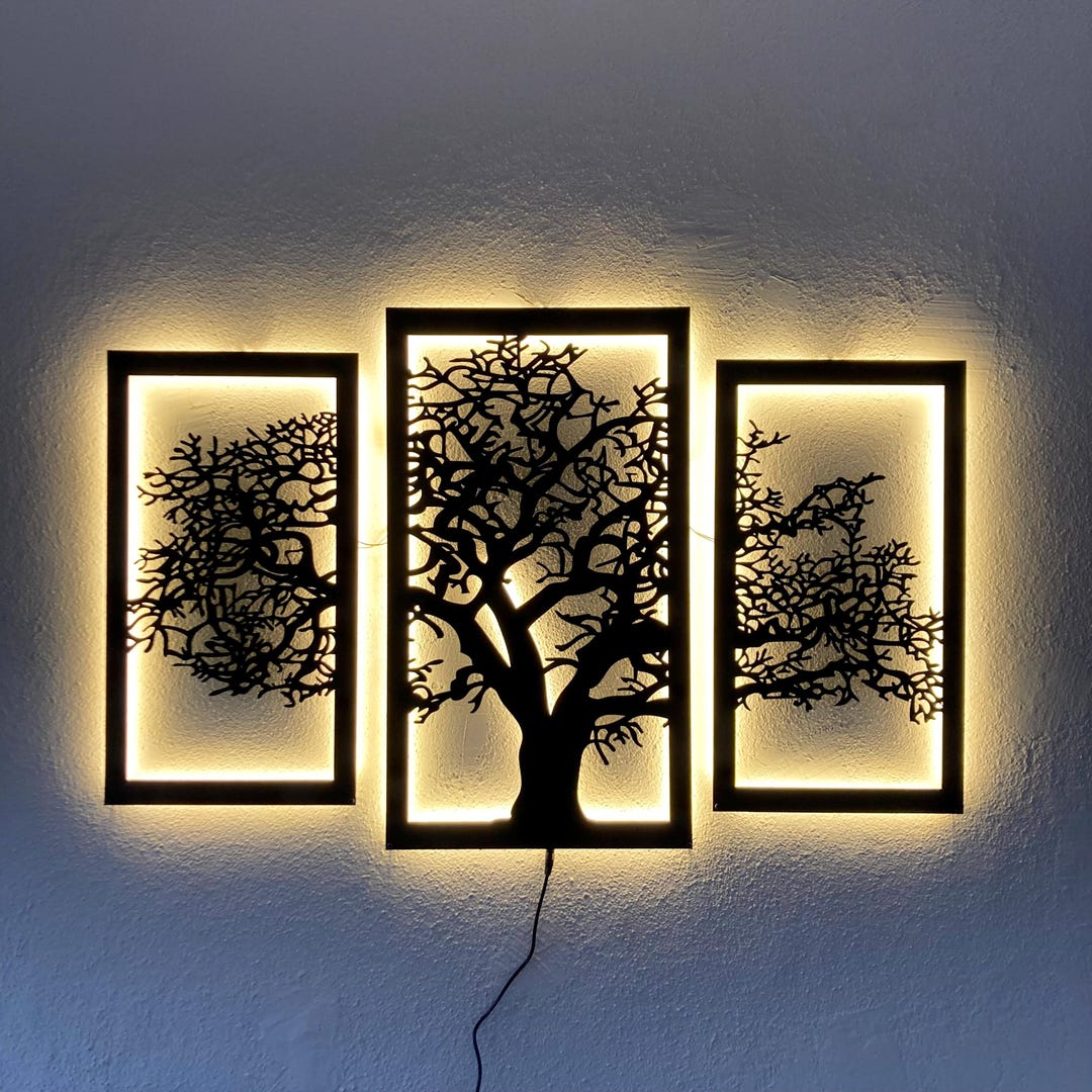 Tree of Life LED Wall Decor, 3 Panel Lighted Metal Wall Art for Living ...