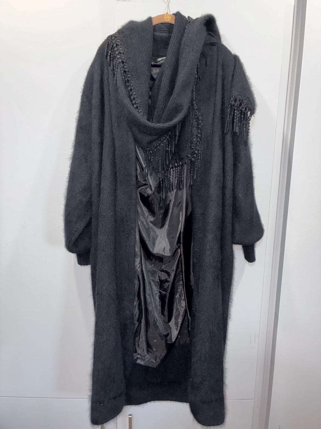 Vintage Venesha Angora Duster Coat | 80s Black Fringe Scarf Knit Full ...