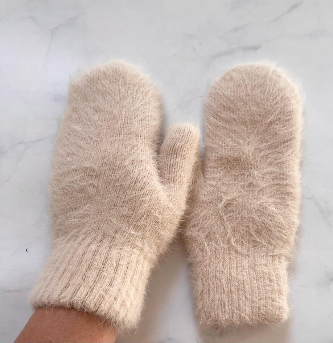 Light Beige Rabbit Wool Mittens, Women's Accessories, Winter Gloves - Etsy