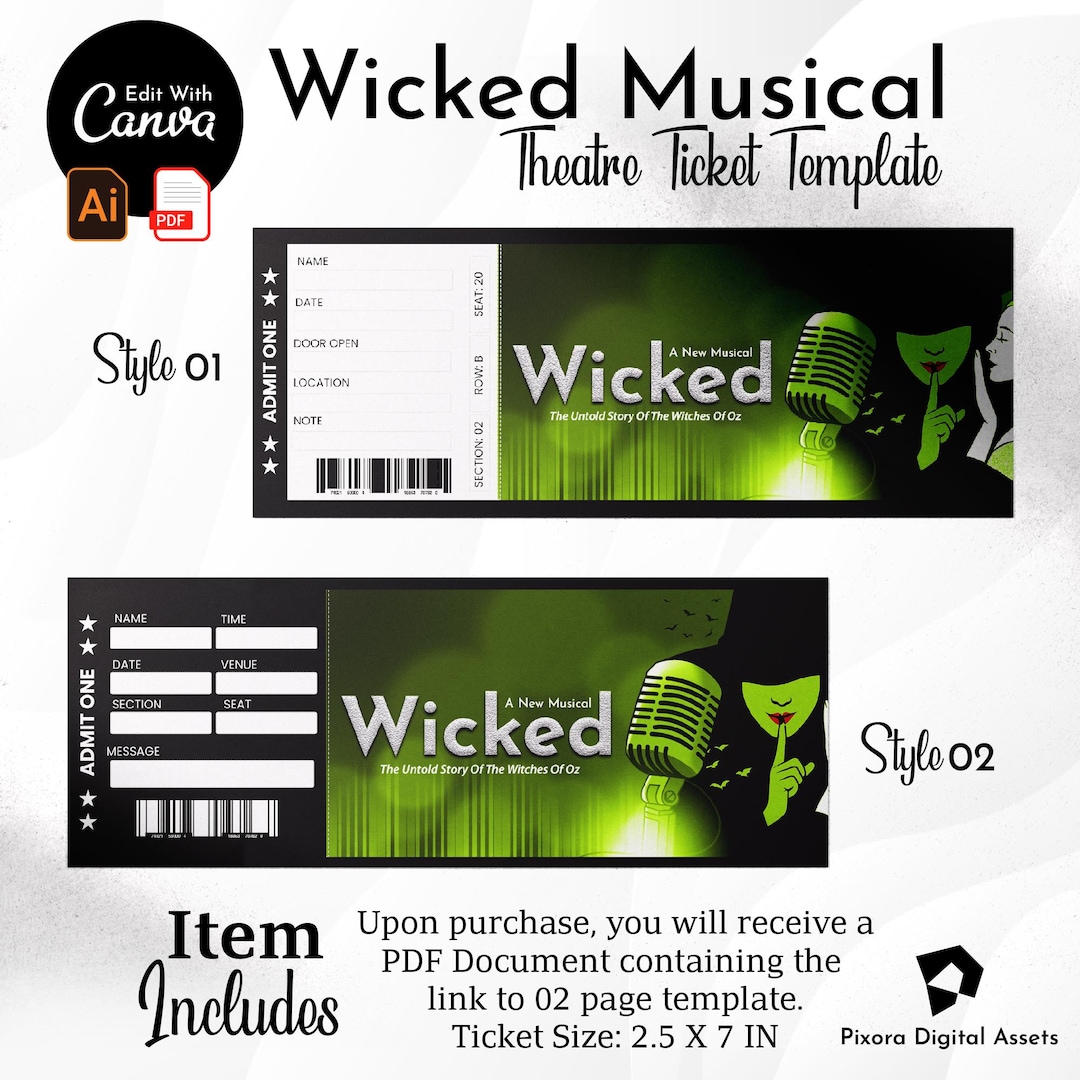 Wicked Ticket Editable Canva Template – Broadway, Movie & Event Tickets ...