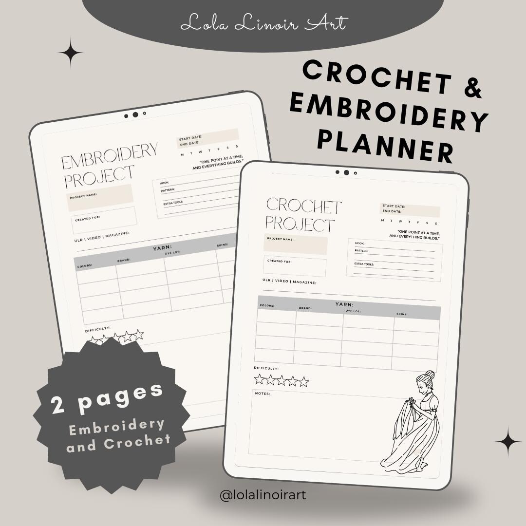 Crochet & Embroidery Project Planner – 2 Page Printable, Fine Line Girl ...