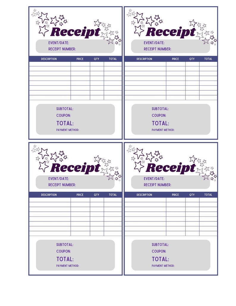 Printable Receipt Template for Small Business – Single + 4 per Page PDF ...