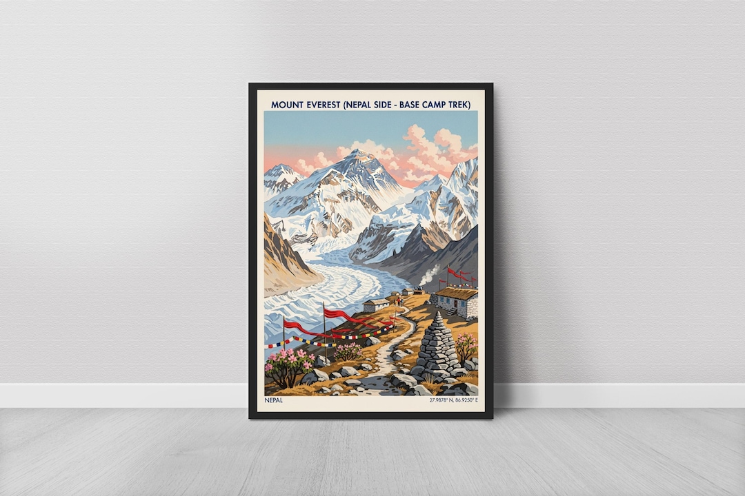 Everest Base Camp Poster – Vintage Travel Gouache, Blue and Pink Skies ...