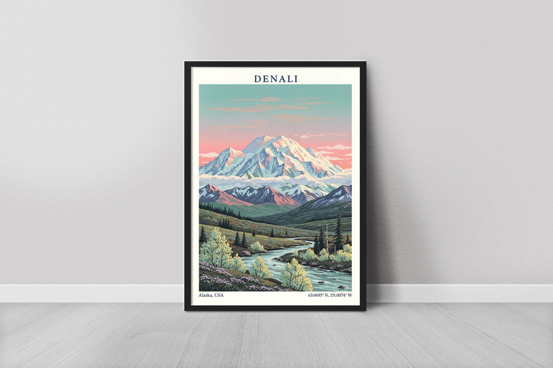 Denali Art Print – Minimalist, Alaska Landscape in Pink Sky and ...