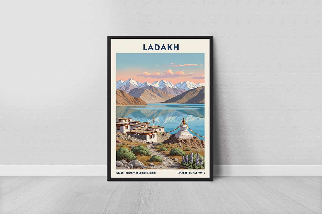 Ladakh Art Print – Vintage Travel Style, Blue Water and Cream Hills - Etsy
