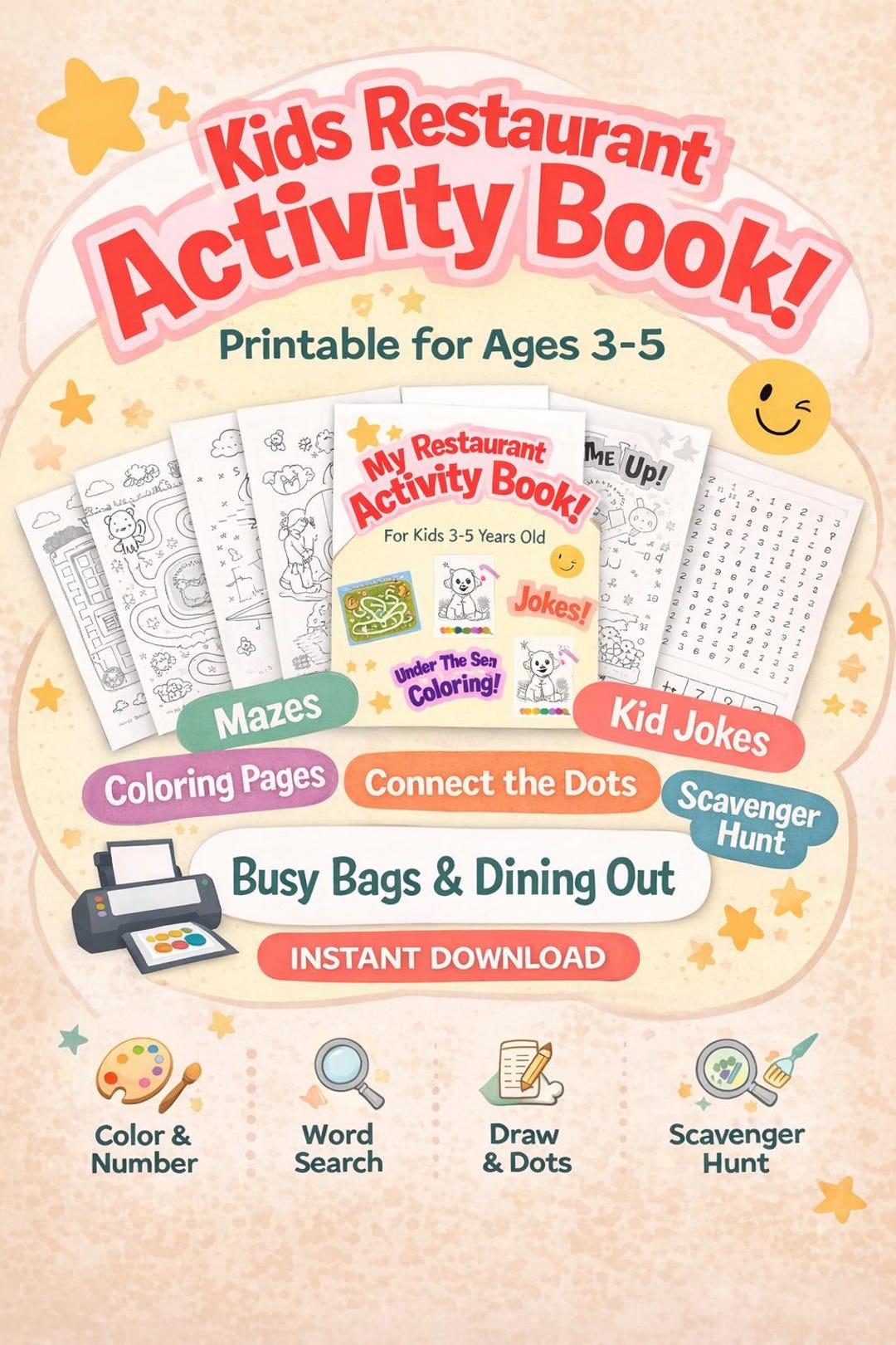 Kids Restaurant Activity Book | Ages 3-5, Coloring Pages (digital PDF ...