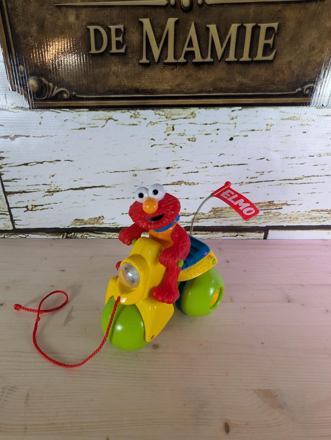 Vintage Elmo Pull-along Toy – Colorful Motorcycle With String – Retro ...