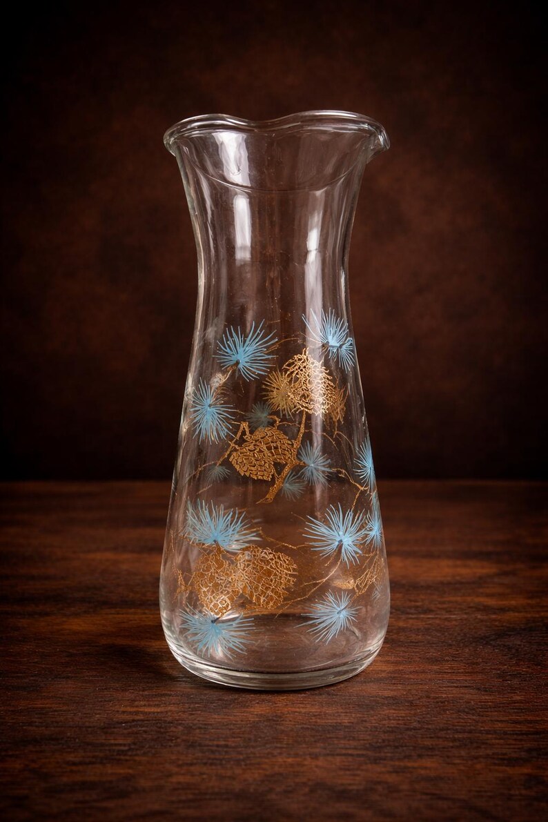 Vintage Glass Carafe – Blue and Gold Pine Cone Pattern – Retro 1960s ...