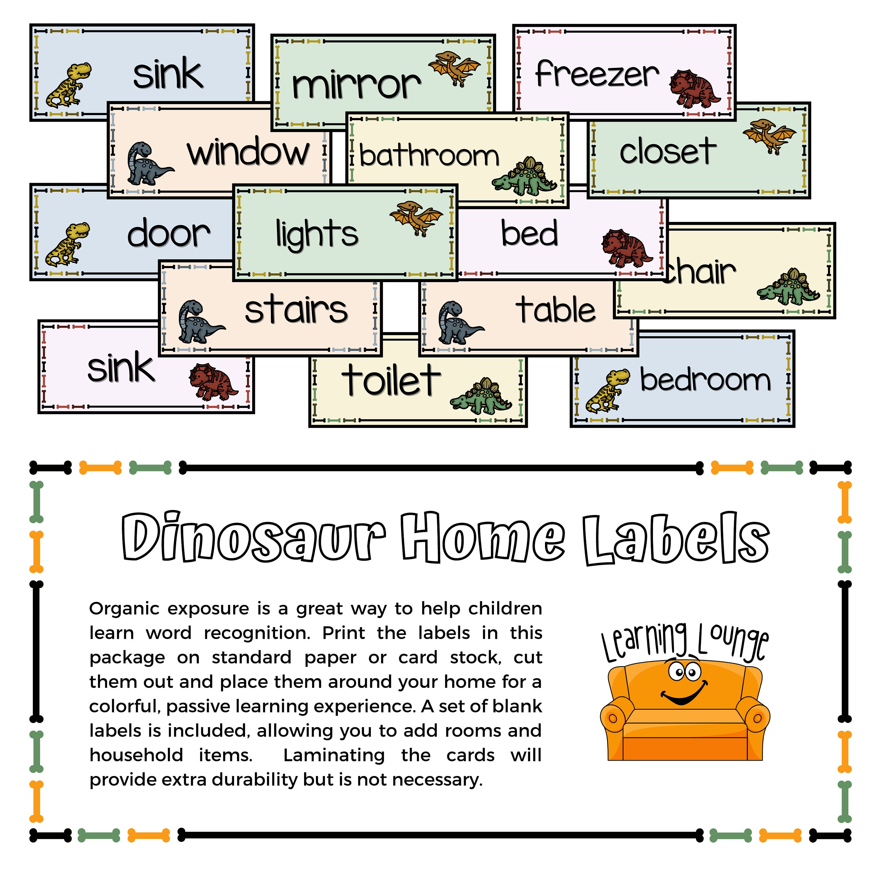 Dinosaur Theme Home Learning Labels Preschool Kindergarten Reading Home ...