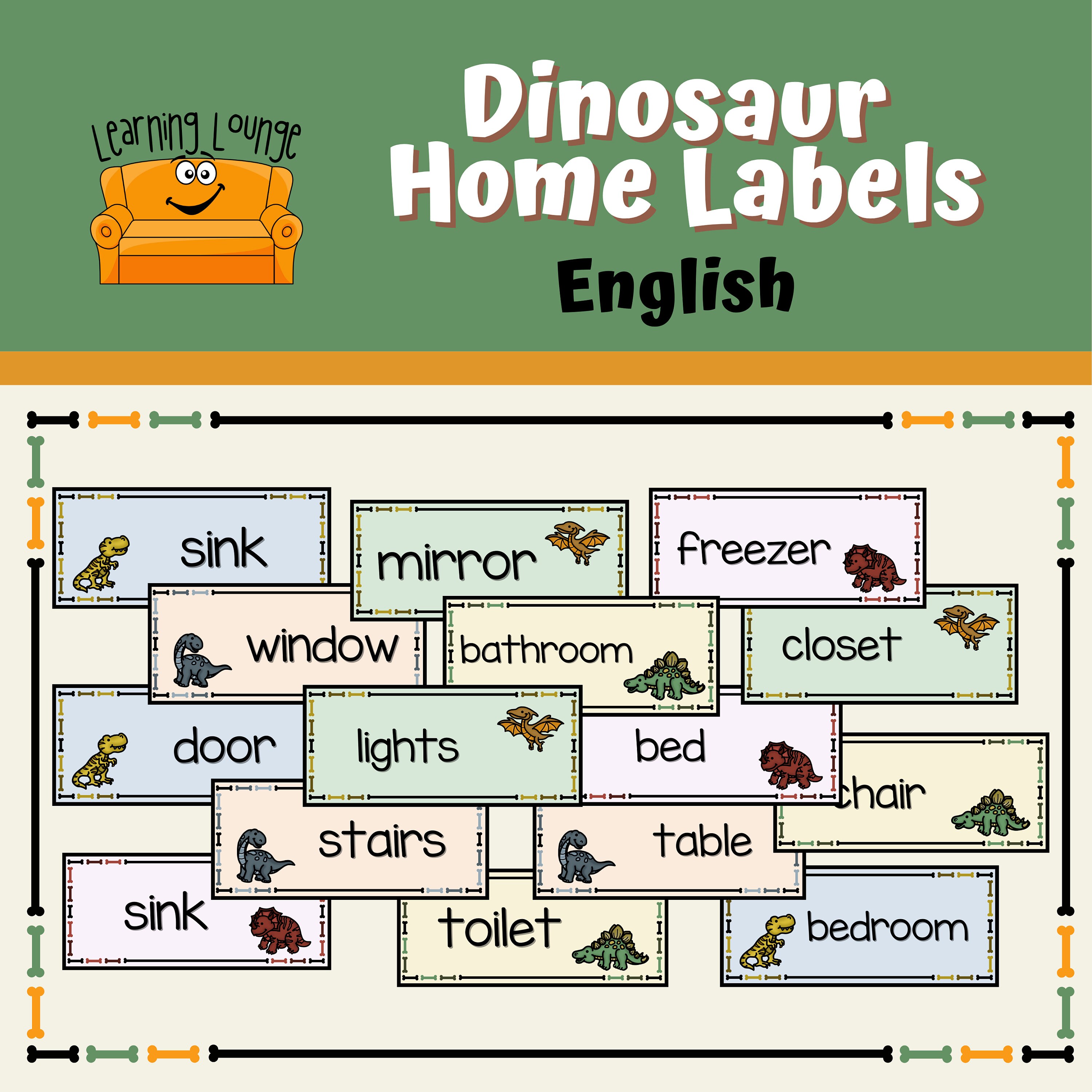 Dinosaur Theme Home Learning Labels Preschool Kindergarten Reading Home ...