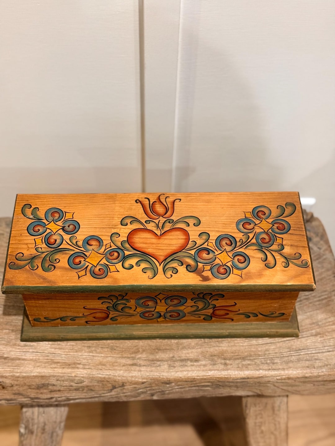 Tole Painted Folk Art Wooden Box – 12" Long Vintage Storage With Hand ...