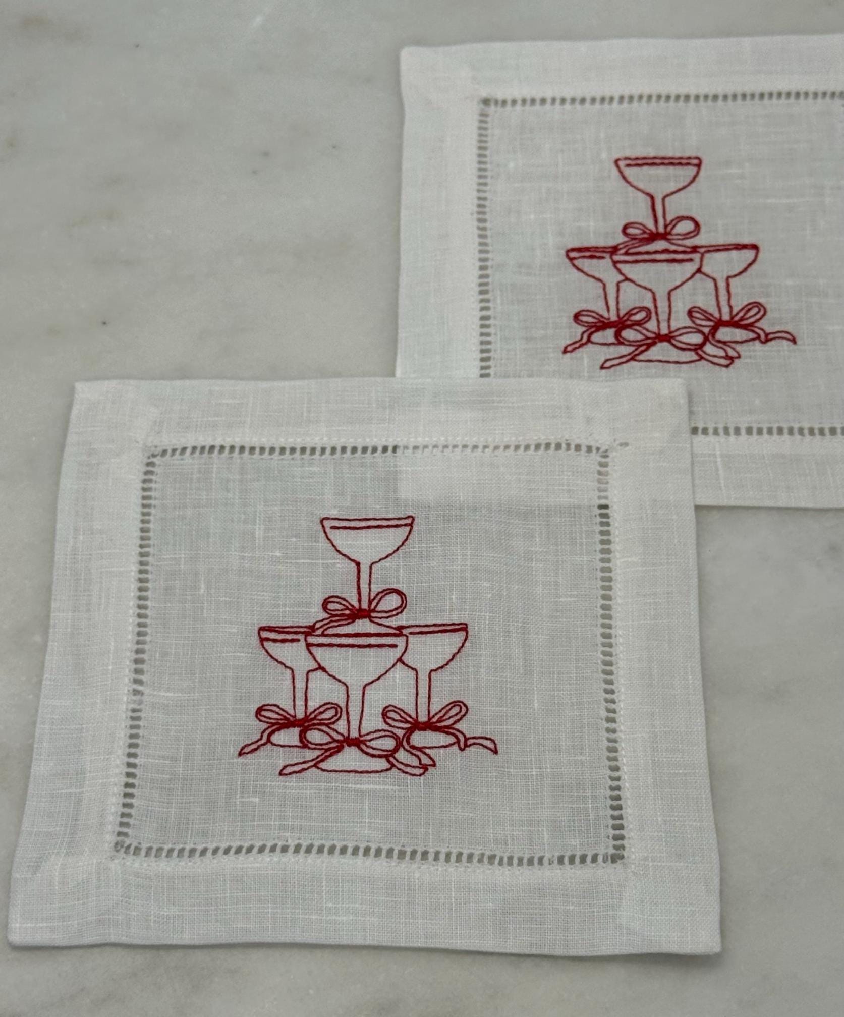 Embroidered Linen Cocktail Napkins | Red Champagne Tower, Holiday Party ...