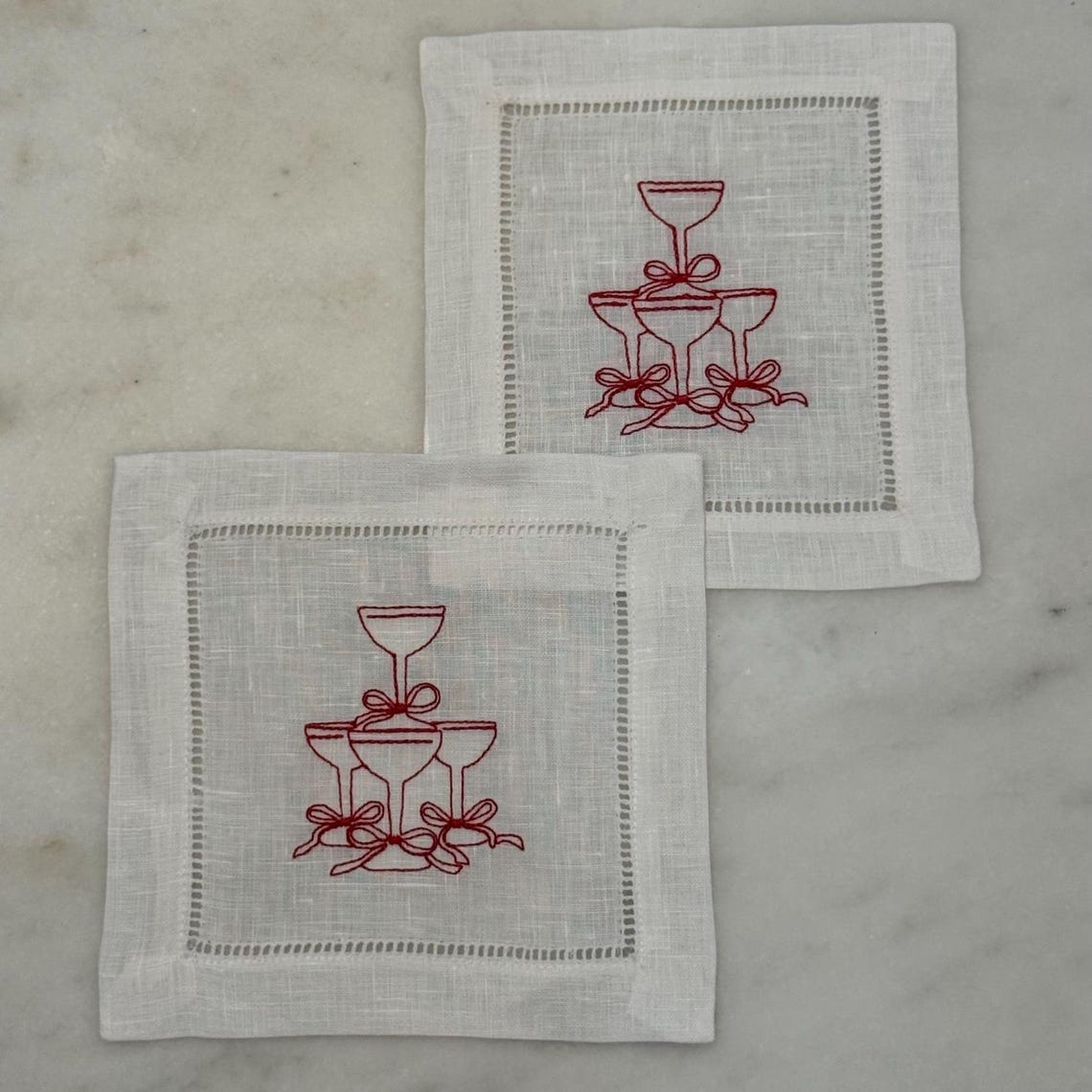 Embroidered Linen Cocktail Napkins | Red Champagne Tower, Holiday Party ...