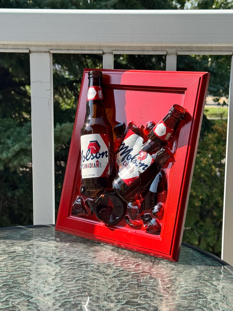 Molson Canadian Beer Bottle Art: Red Frame, Broken Glass Bar Decor - Etsy
