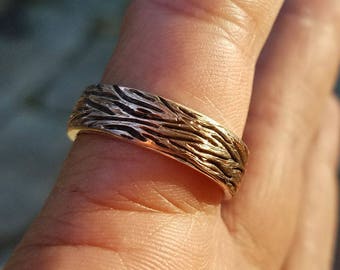 Rustic Red Gold Ring Wood Grain Wedding Band With Etched - Etsy