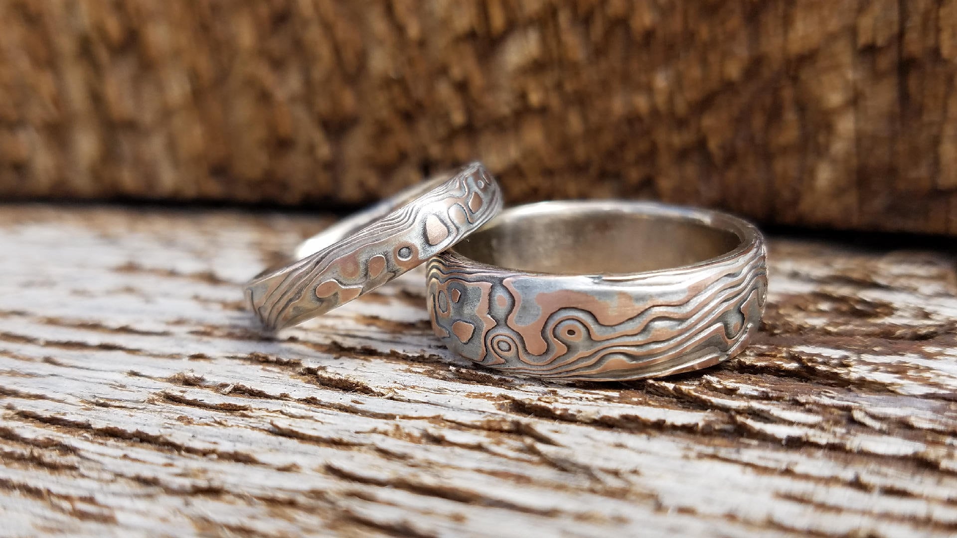 Rustic Red Gold Mokume Gane Wedding Band With Etched Sterling | Etsy