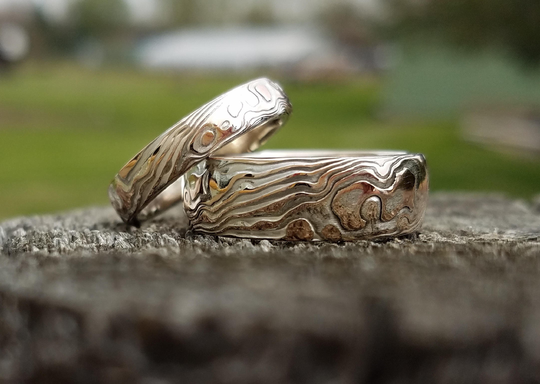 Rustic Red Gold Mokume Gane Wedding Band With Etched Sterling | Etsy