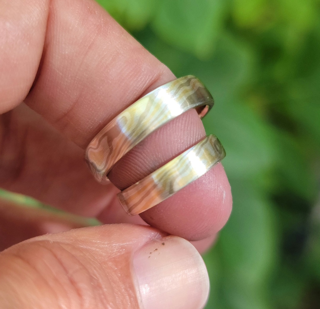 Mokume Gane Wedding Band Set From Shared Mokume Metal - Etsy