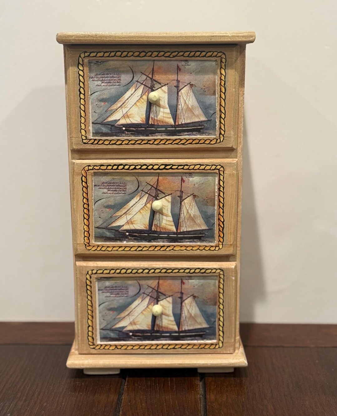 Nautical Themed Wooden Three-drawer Storage Box – 11” Tall Coastal ...