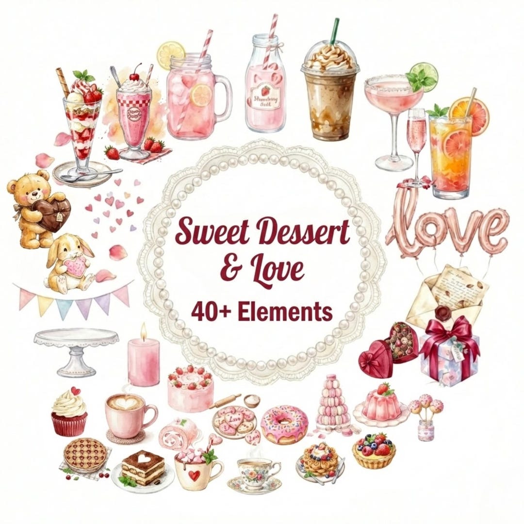 Watercolor Dessert Clipart Bundle, Valentine's Day Sweets PNG, Cute ...