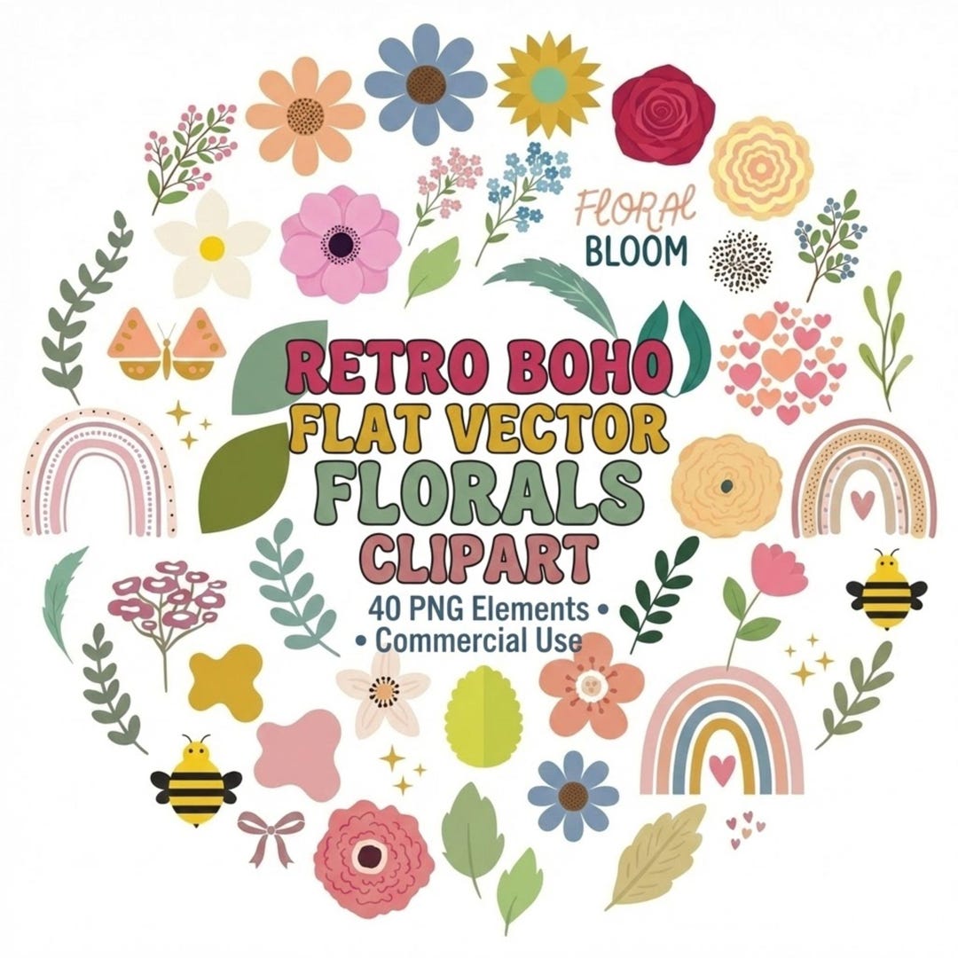 Retro Boho Floral Clipart, Daisy Elements, Pastel Vector Graphics ...